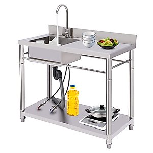 Stainless Steel Sink, Free Standing Single Bowl Commercial Kitchen Sink Kitchen Sink with Faucet & Shelf Kitchen Prep Outdoor Unity Sink for a Laundry Room Garage 31.5” x 39.37” x 19.68”