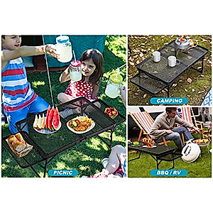 SKIKEN Small Low Camping Table with Wing Panels, Folding Low Picnic Table, Sturdy Steel Mesh Outdoor Table, Waterproof and Heat Resistant, Aluminum (3ft, Black)