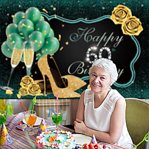 Bellimas Happy 60th Birthday Backdrop Green and Black Women Birthday Party Background High Heels Gold Rose Sixty Birthday Prom Party Supplies Banner with Copper Grommets