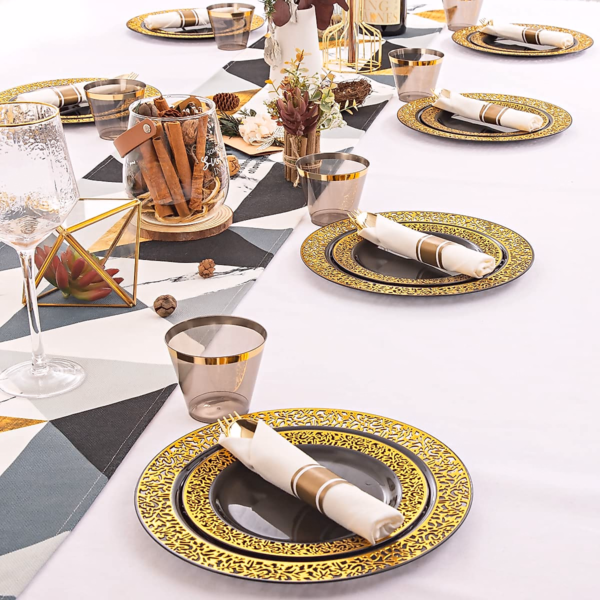 NOCCUR 210pcs Black and Gold Plates - Black Gold Plates and Napkins Party Supplies Include 30 Dinner Plates, 30 Dessert Plates, 30 Prerolled Plastic Cutlery and 30 Cups - Ideal for Party&New Year