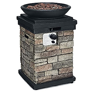 Giantex Propane Firebowl Column, 40,000 BTU Outdoor Gas Fire Pit, Compact Ledgestone Firepit Table with Lava Rocks and Rain Cover