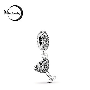 MiniJewelry Cocktail Wine Glass Dangle Charm fits Pandora Moments Bracelets Women Sterling Silver Party Birthday S925