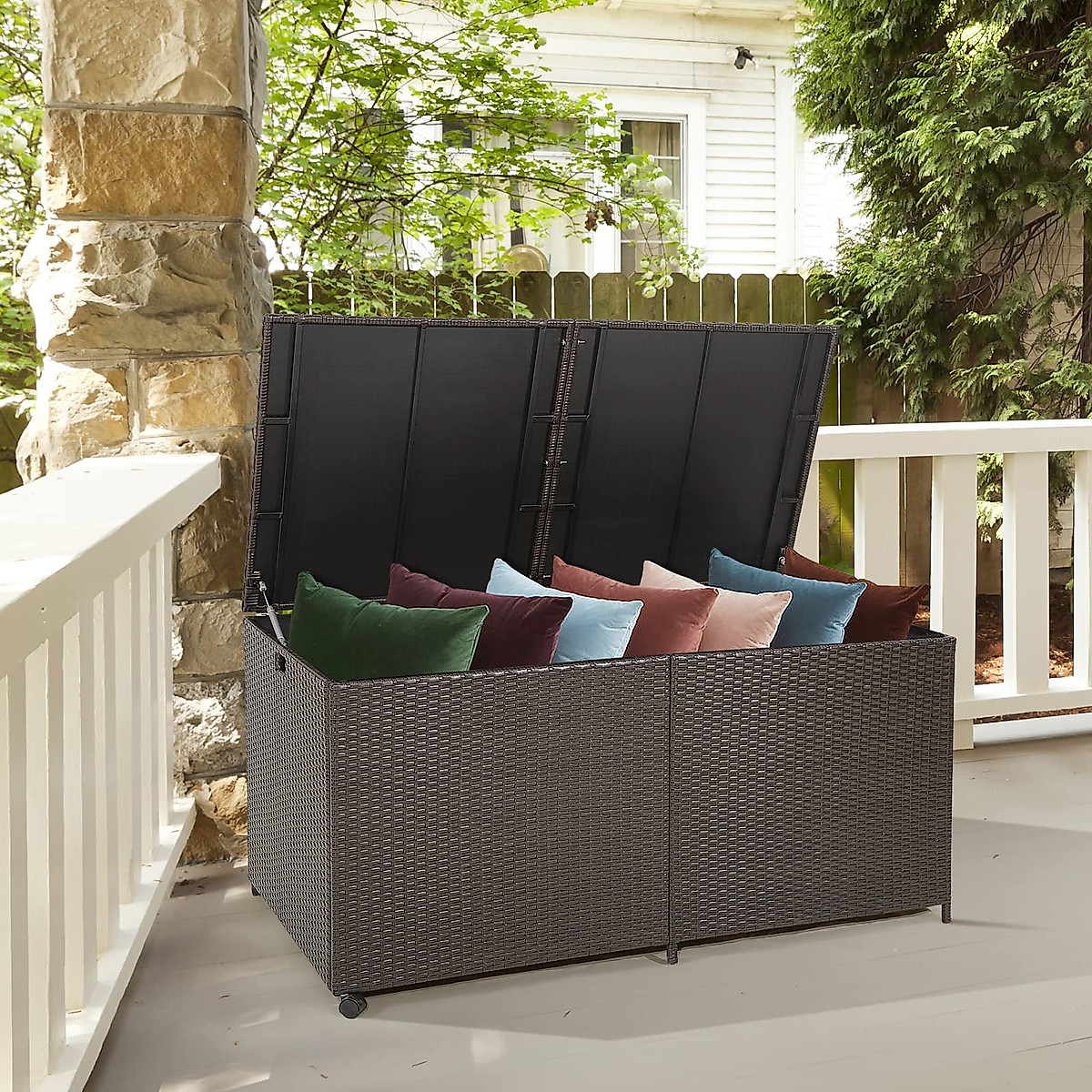 Tangkula 175 Gallon Outdoor Storage Box, Wicker Patio Deck Box with 2 Universal Wheels and Waterproof Zippered Liner, Outdoor Storage Container for Cushions, and Garden Tools