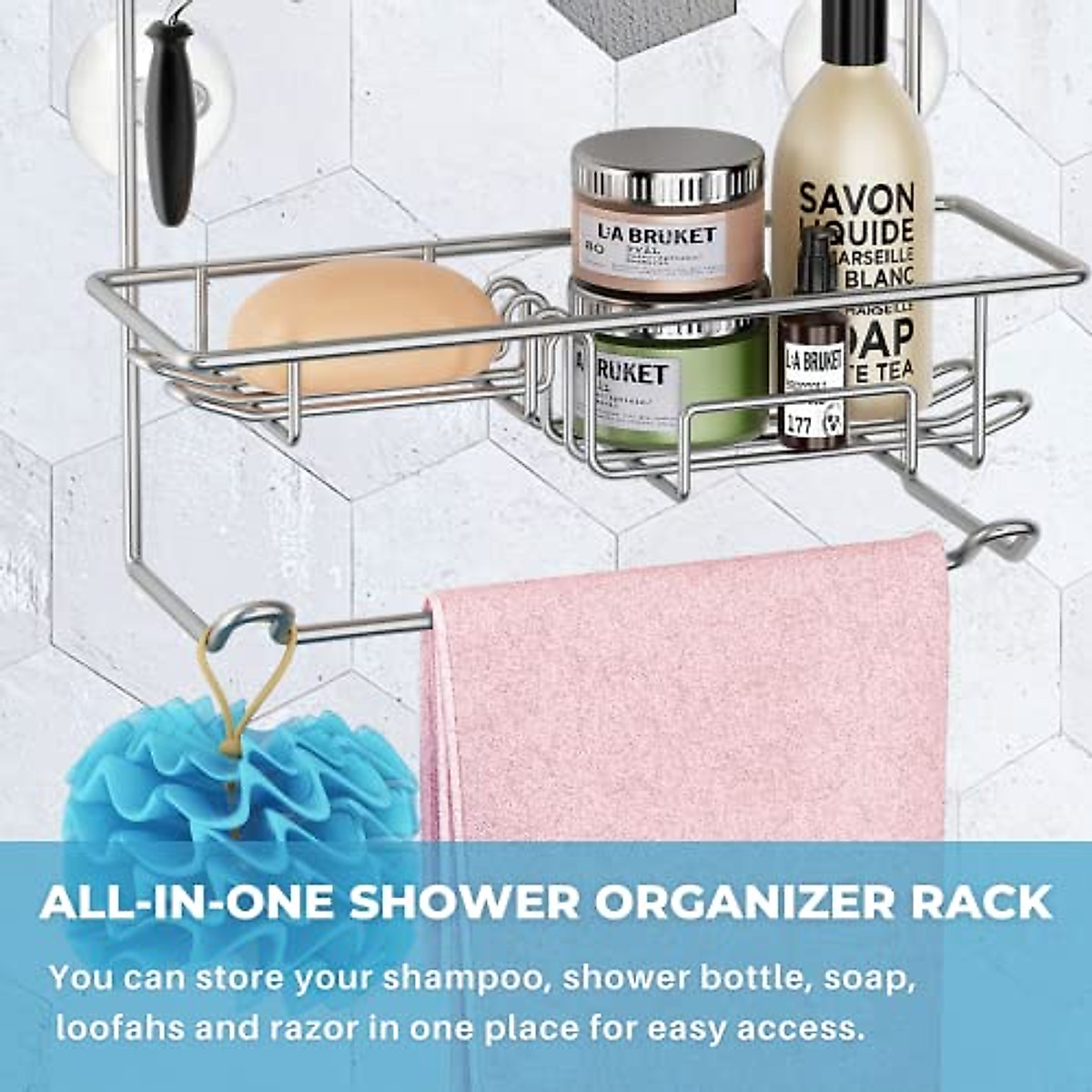 KeFanta Shower Caddy over Shower Head, Hanging Shower Organizer Rack, Bathroom Caddy for Shower, Rustproof Shampoo Holder Shelf, Silver
