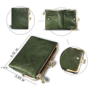 PofeeXIO Womens Wallet RFID Small Compact Bifold Leather Vintage Wallet,Ladies Coin Purse with Zipper and Kiss Lock (Green)