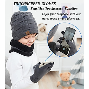 KMOLY Kids Winter Beanie Hat Scarf Touchscreen Gloves Set for Boys Girls 4-15 Years Warm Skull Cap Fleece Lined Knitted Hat (grey)