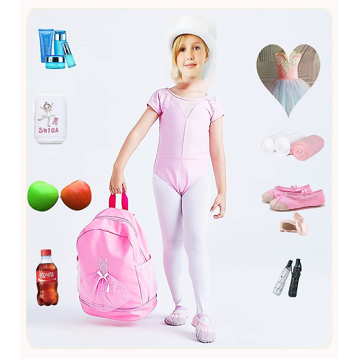 WUHBJJXY,20L, PREMIUM, MULTIFUNCTIONAL,DURABLE,Large Sized PINK KID Dance bag with Shoe Compartment and Wet and Dry separation features,Ballet bag,Dance backpack
