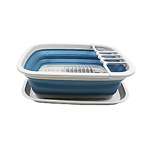 SAMMART 8L (2.11Gallons) Collapsible Dish Drainer with Drainer Board - Foldable Drying Rack Set - Portable Dinnerware Organizer - Space Saving Kitchen Storage Tray (Grey/Steel Blue, 1)