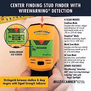 Zircon MultiScanner A250c All-In-One Stud Finder/Metal Detector/Live AC Wire Detection and Scanner + Duracell Coppertop 9V Battery (2 Count Pack)