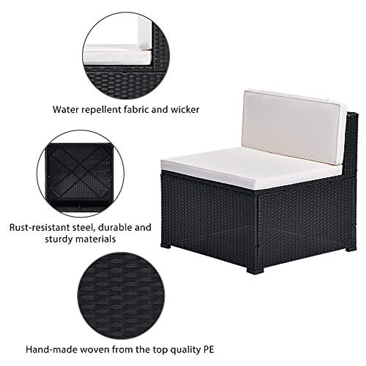 VOGU 5-Piece Outdoor Patio Dining Set Furniture Set, PE Wicker Rattan Sectional Corner Sofa Set Furniture Set with Ottoman/Glass Coffee Table Lying Chair (Black Wicker + Beige Cushion 05)