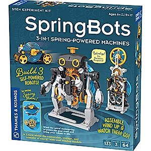 Thames & Kosmos SpringBots STEM Kit | Build 3 Spring-Powered| Race car, Walking Robot, Countdown Timer Powered by a Mainspring | Learn About Potential & Kinetic Energy, Gears & Springs, Black , 10 x 2.5 x 11 inches