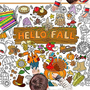 HOWAF Hello Fall Jumbo Coloring Poster with 24 (12 Colors) Coloring Pens,Autumn Giant Coloring Banner,Fall Pumpkin Maple Leaves Coloring Table Cover Banner for Birthday Thanksgiving Party School Group