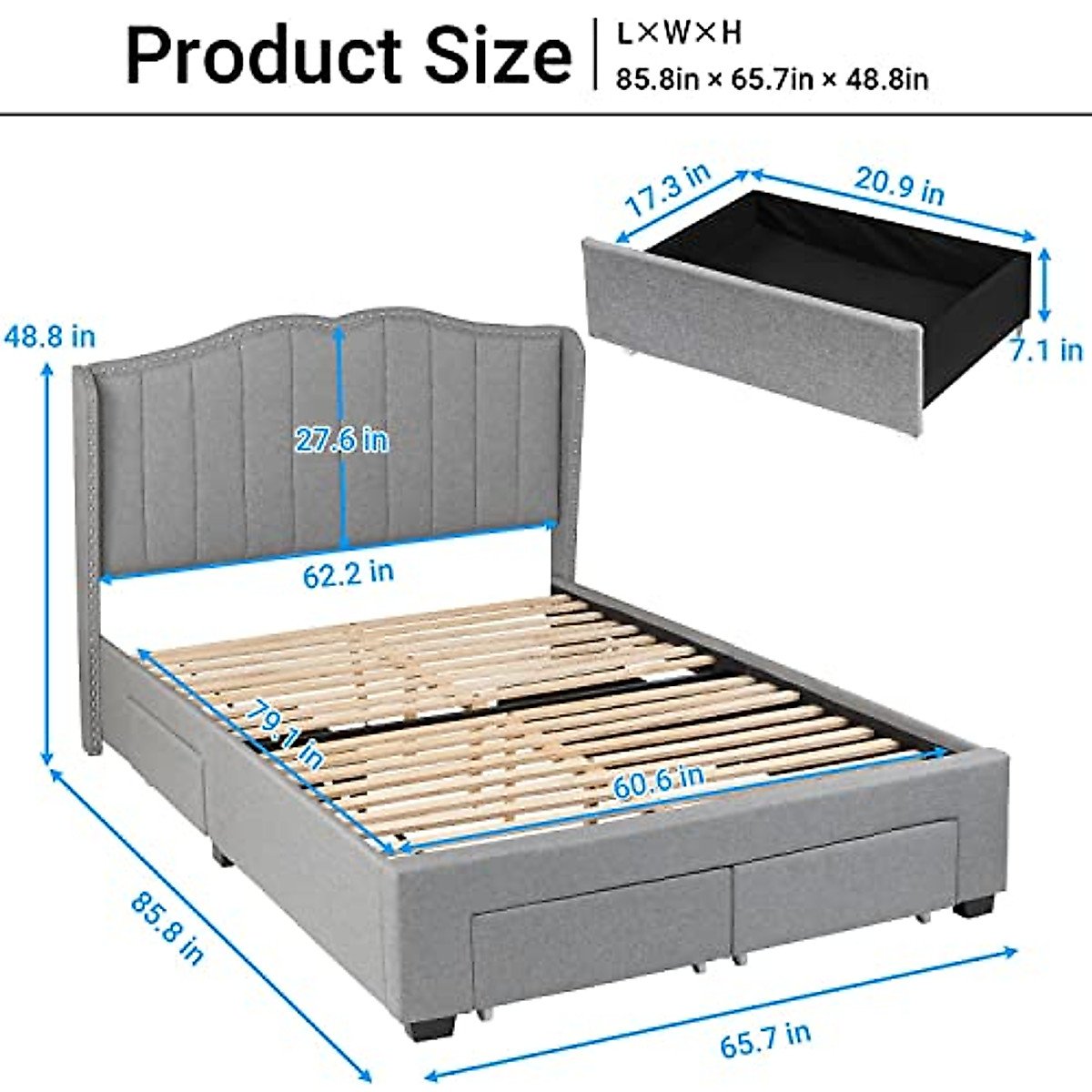 Capacmkseh Queen Platform Bed Frame with Headboard and 3 Storage Drawers on Wheels, Fabric Upholstered Headboard Beds Mattress Foundation with Wood Slat Support, No Box Spring Needed, Easy Assembly