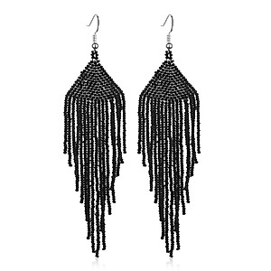 Handmade Beaded Tassel Earrings - Boho Drop Fringe Earrings for women, Native American Indian Earrings (Long Black)
