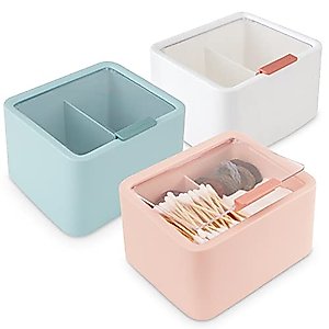 FHDUSRYO 3Pcs Q-tips Holders, White Pink Blue Cotton Swab Ball Dispenser Boxes, 2 Slots Q-tips Storage Box, Cotton Pad Organizer Container with Hinged Lid for Bathroom Dresser Home Decor