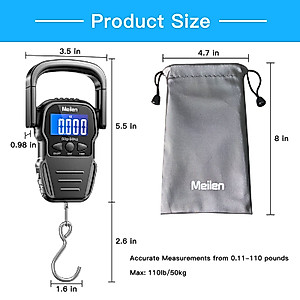 Luggage Scale, 110lb/50kg Luggage Weight Scale with Backlit LCD Display, Digital Fish Scale with Measuring Tape Portable Hanging Scale Suitcase Scale with Handle & Large Hook & 2 AAA Batties