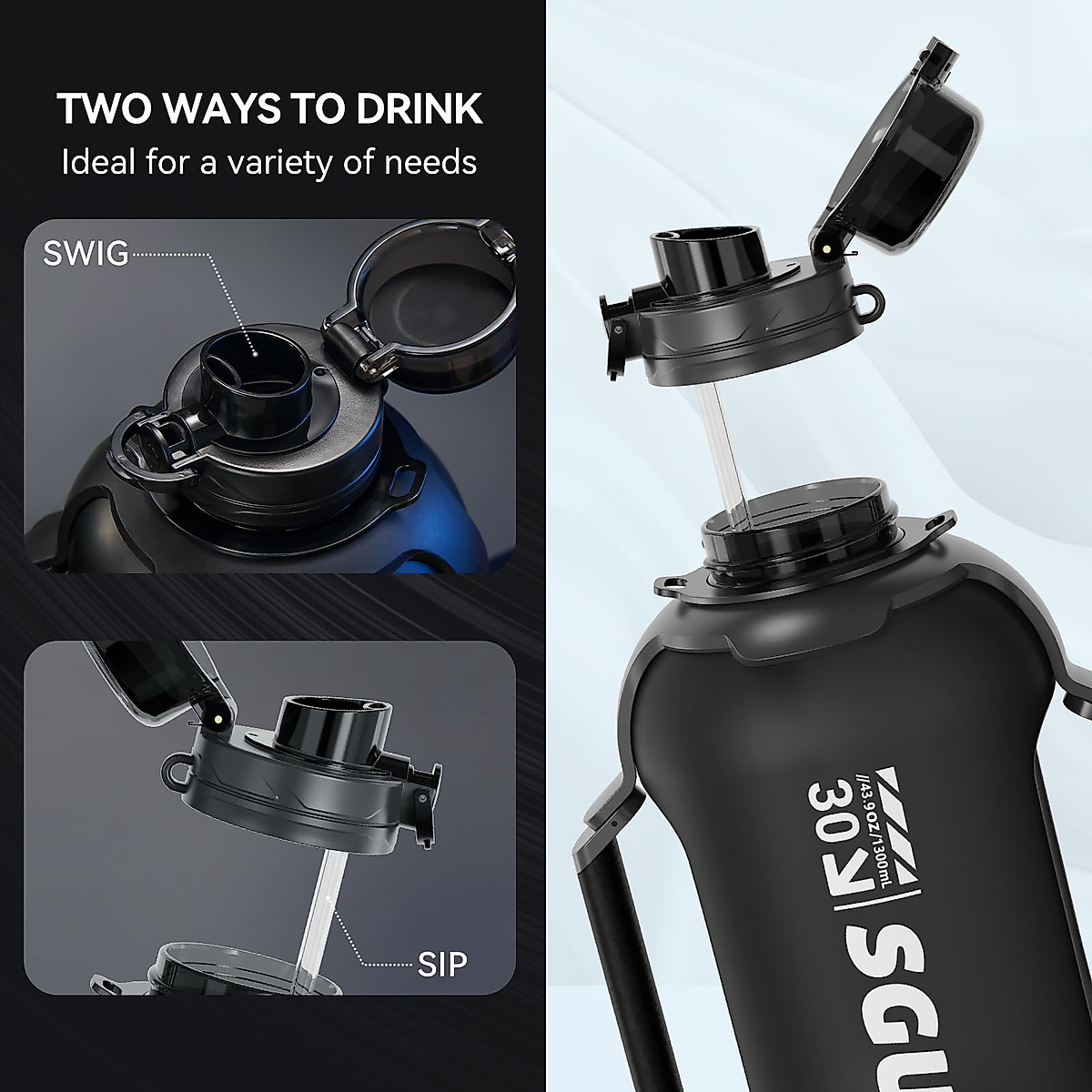 SGUAI Smart Water Bottle, 44oz Smart Sports Gallon Water Bottle, Tracks Water Intake with Bluetooth, LED Glow Reminder, BPA Free Tritan Bottle for Fitness Gym Outdoor, Straw Lid, 1.3L