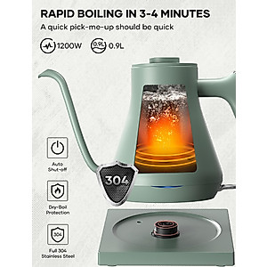 Electric Kettle, Offacy Gooseneck Kettle with 6.8mm Fine V-Shaped Spout, Auto Shut-Off & Boil Dry Protection, BPA Free, 1200 Watt Quick Heating, 0.9L, Light Green