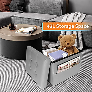 FujDun® Folding Storage Ottoman Foot Rest Footstool with Side Pocket,17 Inch Leather Ottoman Seat for Living Room Bedroom or Dorm,Padded with Thick Sponge,17X13X13in Grey