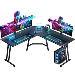 HLDIRECT 51 Inch L Shaped Gaming Desk, Corner Computer Desk with Carbon Fiber Surface, Space Saving PC Gaming Table for Home Office Writing Workstation, Easy to Install, Black
