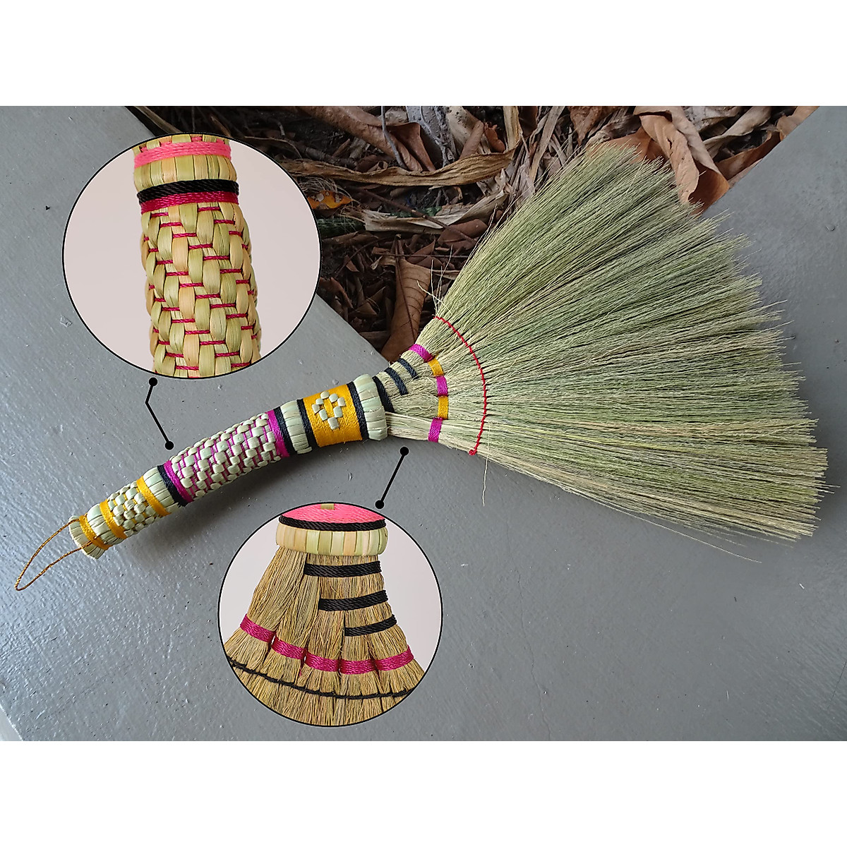 Asian Whisk Broom Natural Grass Duster 1piece 14 inch Tall Dustpan Brush Wooden Handmade Thai Bamboo Handle Sweeper for Dusting