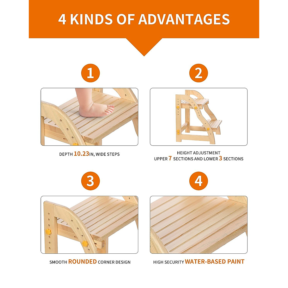 Wooden Step Stool for Kids, Kitchen Toddler Step Stool for Bathroom Sink and Toilet Stool for Kids Potty Training Anti-Slip Sturdy Height Lift Stool (Natural)