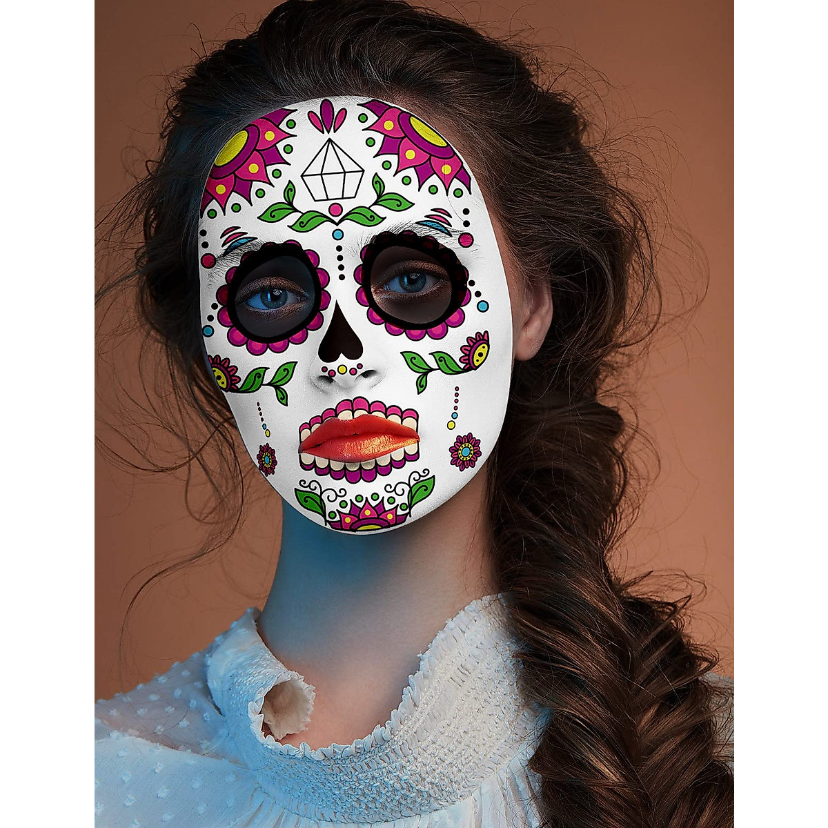 Kotbs 9 Sheets Day of the Died Skeleton Face Tattoo Stickers, Glitter Red Roses Temporary Tattoos for Men Women Halloween Costume Accessories and Parties