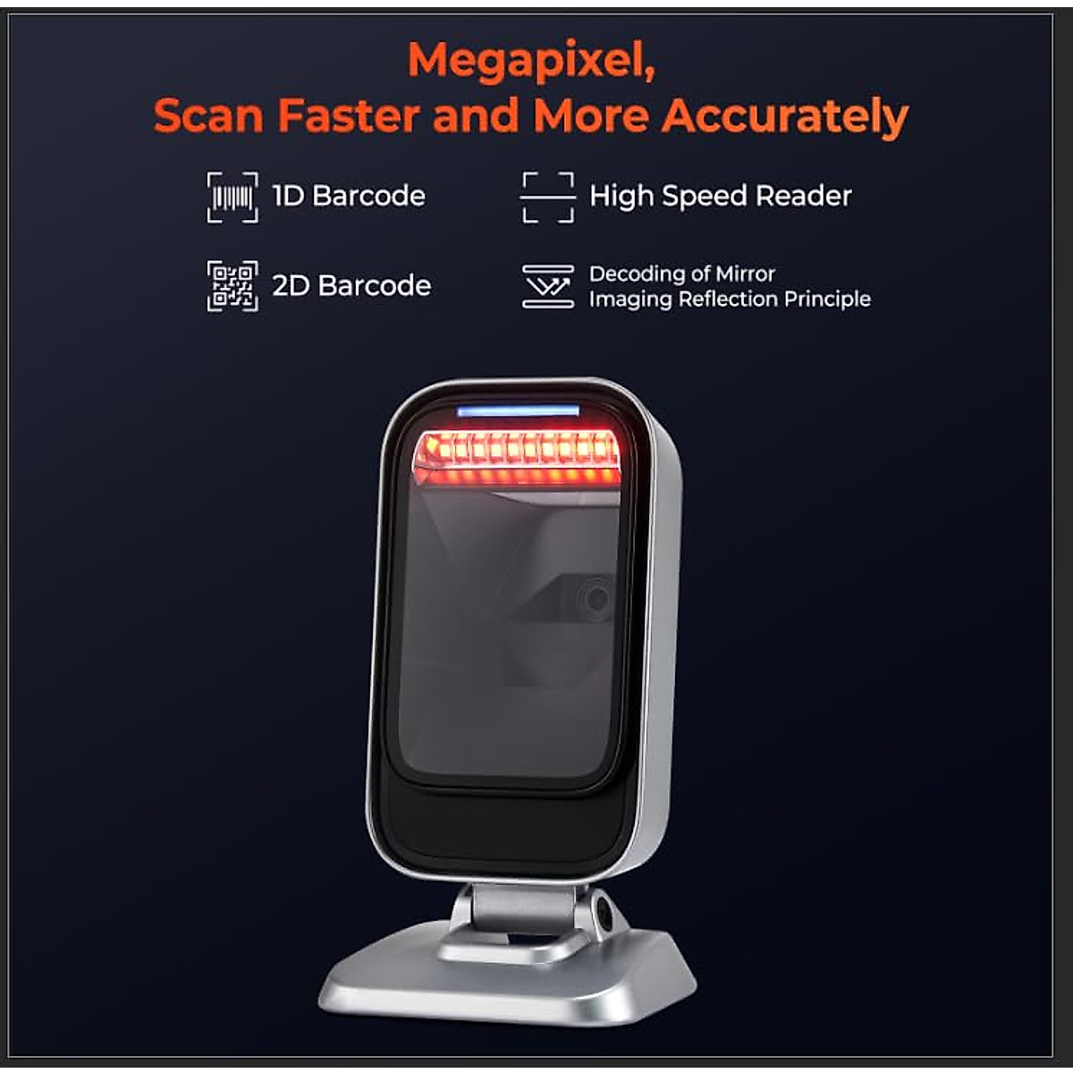 MUNBYN 1D 2D QR Desktop Barcode Scanner Omnidirectional Manual/Automatic Image Sensing Scanner Hands-Free USB Scanner for Windows, Linux, Mac PC for Mobile E-Payment, Supermarket, POS System, Library