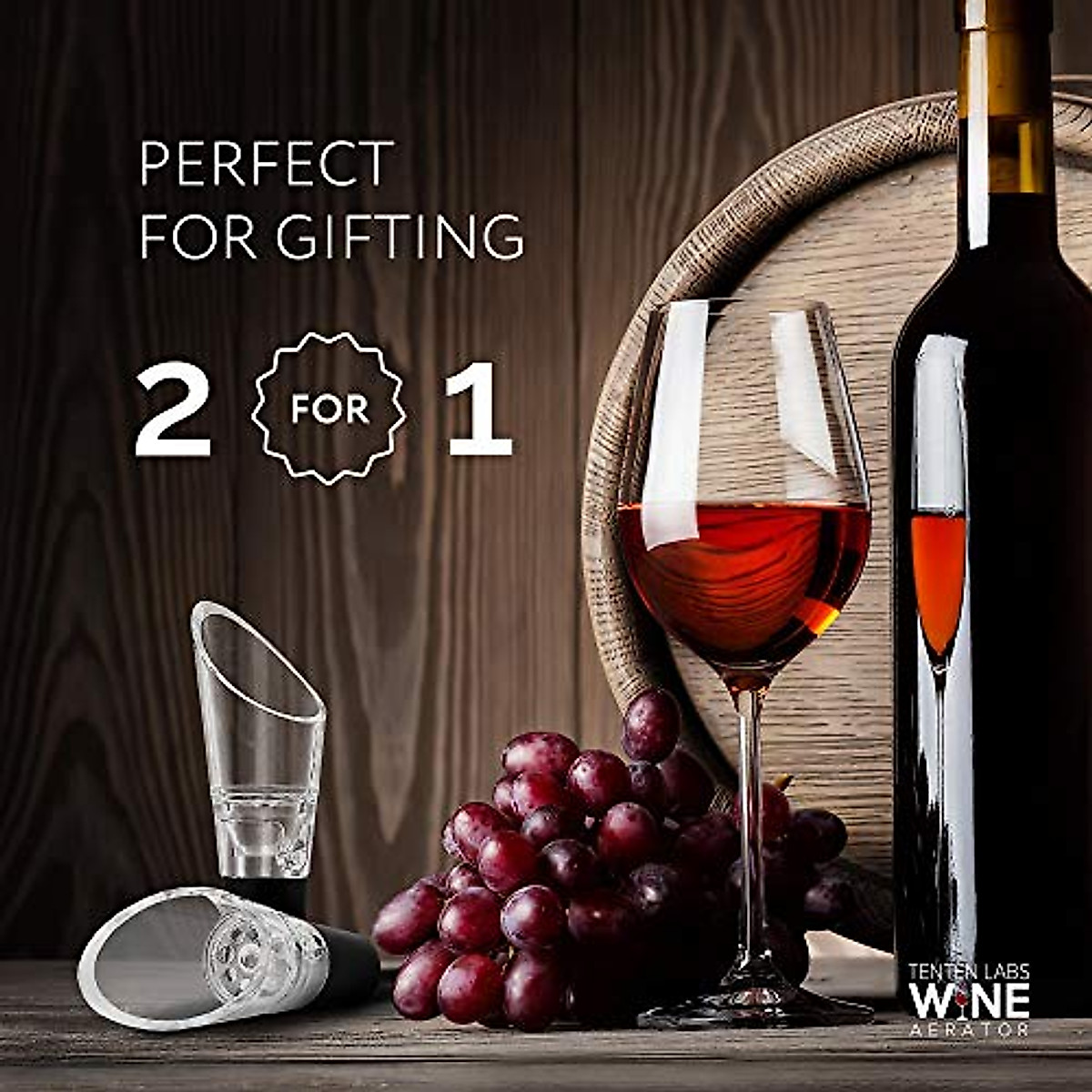 TenTen Labs Wine Aerator Pourer (2-pack) - Premium Aerating Spout and Decanter Set - No Drip and No Spill - Improve Taste and Smell Immediately - Gift Box Included - Black
