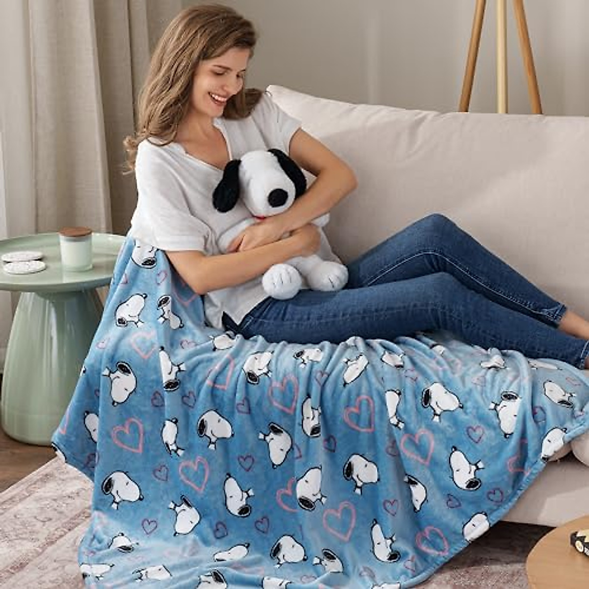 Berkshire Blanket Peanuts® VelvetLoft® Cute Character Snoopy Plush Throw Blanket,Peanuts Snoopys Heart Toss Blue,Throw 55 in x 70 in (Official Peanuts® Product)