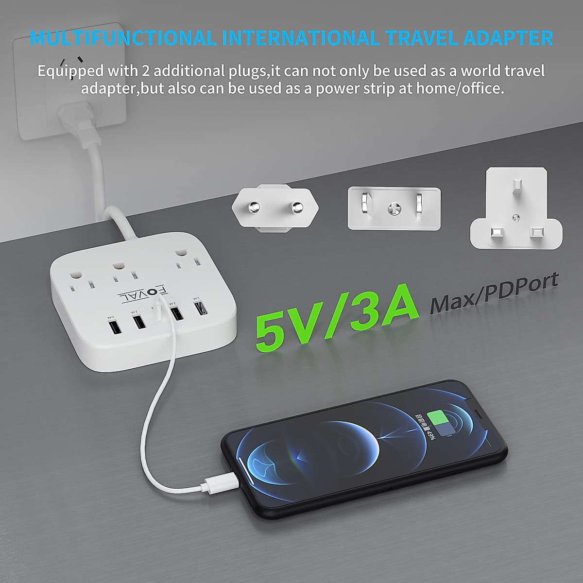 European Travel Plug Adapter, FOVAL EU UK US Power Strip with USB C and 4 USB Ports, 3 AC Outlets, Wall Mountable, 5ft Extension Cord, Compact for Travel, Cruise Ship, Home Office