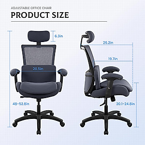 WITTLONG Big and Tall 500lbs High-Back Mesh Erogonomic Office Chair Computer Desk Chair Adjustable Headrest Height Adjustable Armrest and Lumbar Support-Grey