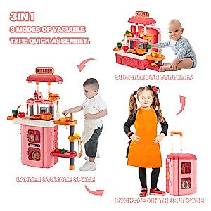 GEIYATOI Kitchen Playset, 3 in 1 Kitchen Pretend Play Toys Travel Suitcase, 49 PCS Realistic Cooking Accessories, Sounds, Lightnd, Running Water, Great Kitchen Toys for Toddlers Kids
