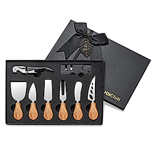 HyChill Cheese Knife Set 4/6/8-piece Cheese Knife with Acacia Wood Handle Stainless Steel Cheese Slicer Cheese Cutter… (8, B)