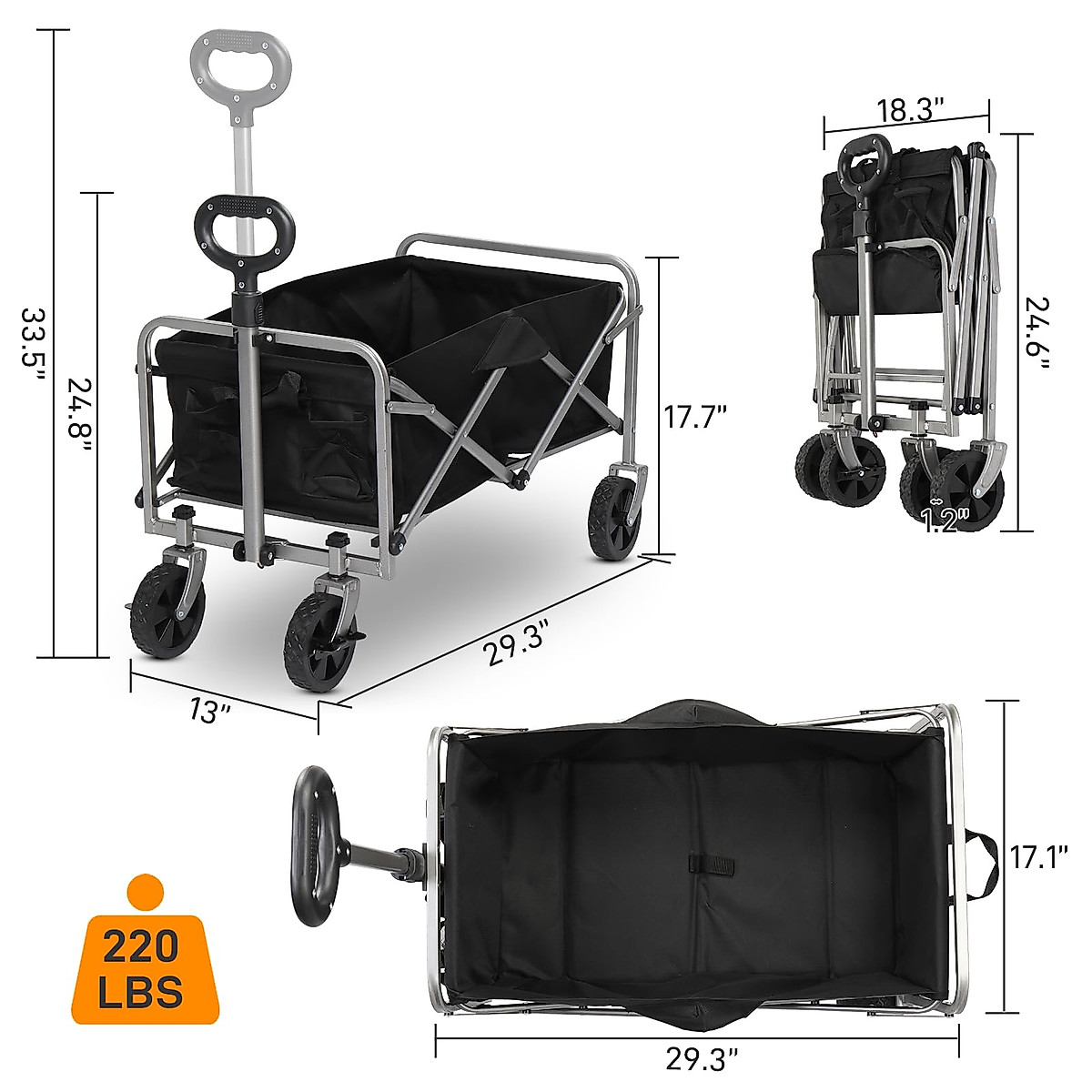 Collapsible Folding Wagon,Outdoor Utility Wagon with 220lbs Weight Capacity,Heavy Duty Garden Cart Beach Wagon Grocery Wagon with All-Terrain Wheels for Beach,Sports,Shopping,Camping