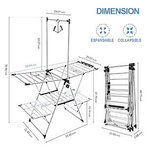 TOOLF Clothes Drying Rack with High Hanger, Foldable 2-Level Drying Racks for Laundry, Laundry Stand with Height-Adjustable Gullwings