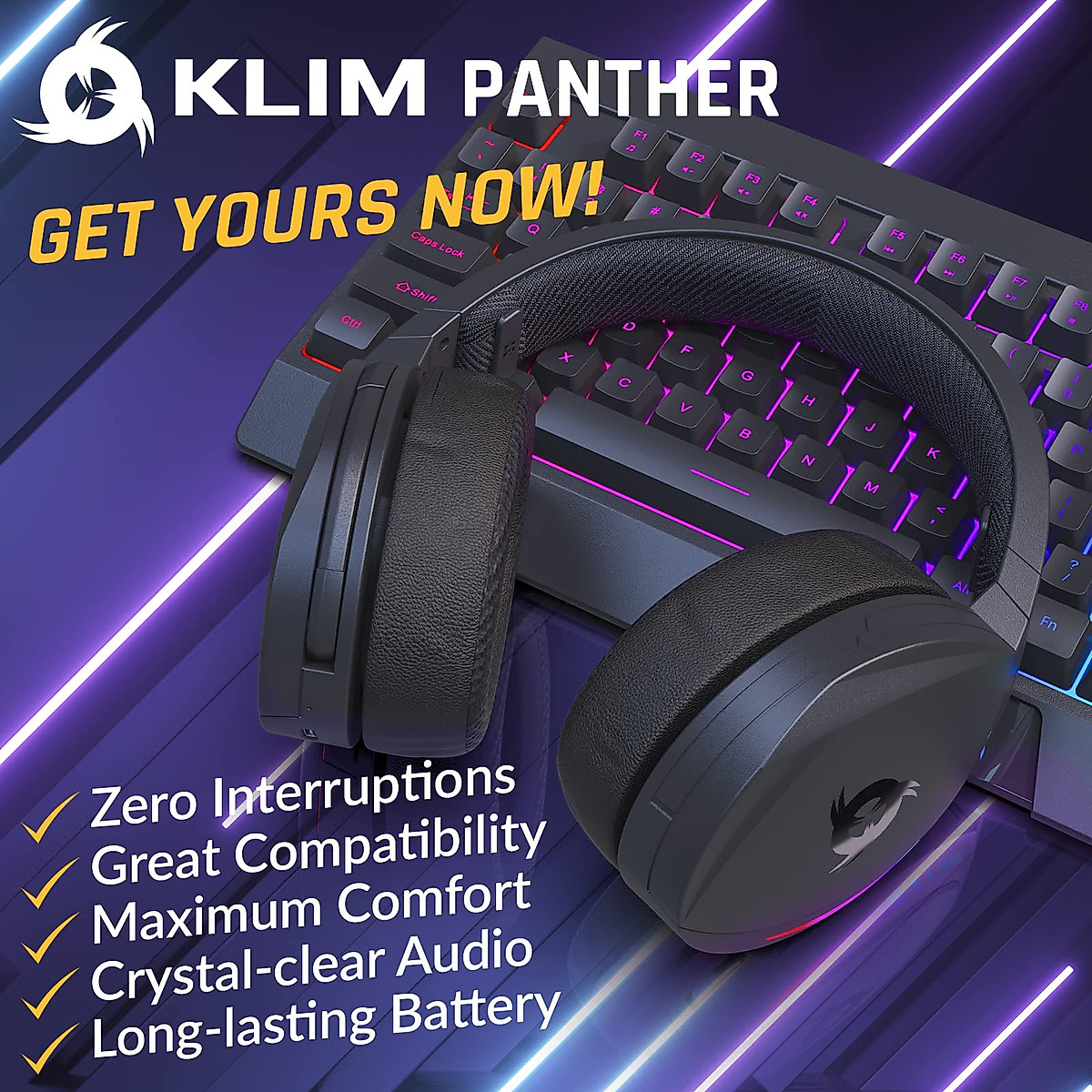 KLIM Panther Wireless Gaming Headset for PS4 PS5 Switch PC, Low Latency, Noise Cancelling Over Ear Bluetooth Headphones with Microphone, 3D Surround Sound, RGB Gaming Headphones - New 2023