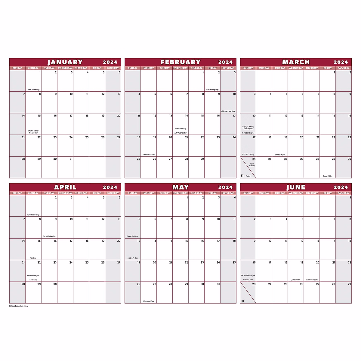 Large 24" x 36" 2024 Dry Erase Wall Calendar - Wet & Dry Erasable 12 Month Annual Yearly Wall Planner - Horizontal/Vertical, Reversible (Red, Laminated, 2024) - Two Piece Design