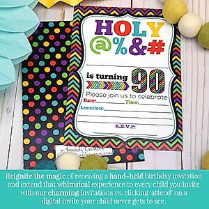 HOLY @% 90th Birthday Party Invitations, 20 Funny 5x7 Fill In Cards with Twenty White Envelopes for Milestone Birthdays by AmandaCreation