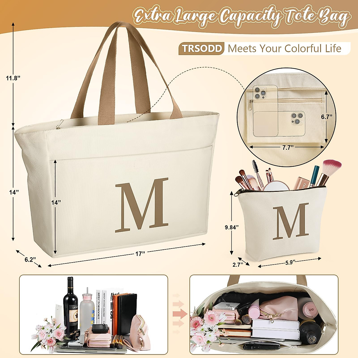 TRSODD Birthday Gifts for Women w Makeup Bag, Ini-tial Can-vas Tote Bags, Personalized Customized Bride Wedding Sister Couple Unique Gifts, Mono-gram Travel Beach Bag w Inner Pocket Card Gift Box B