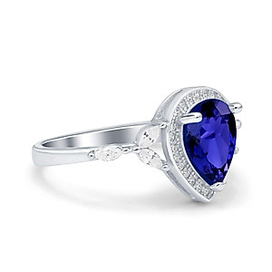 Simulated Blue Sapphire CZ Size-8 Teardrop Pear Art Deco Engagement Wedding Bridal Halo Ring Round Marquise Simulated CZ 925 Sterling Silver