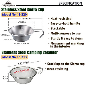 CAMPINGMOON 1pc Stainless Steel Camping Sierra Cup 310ml with 1pc Colander S-220/S-213