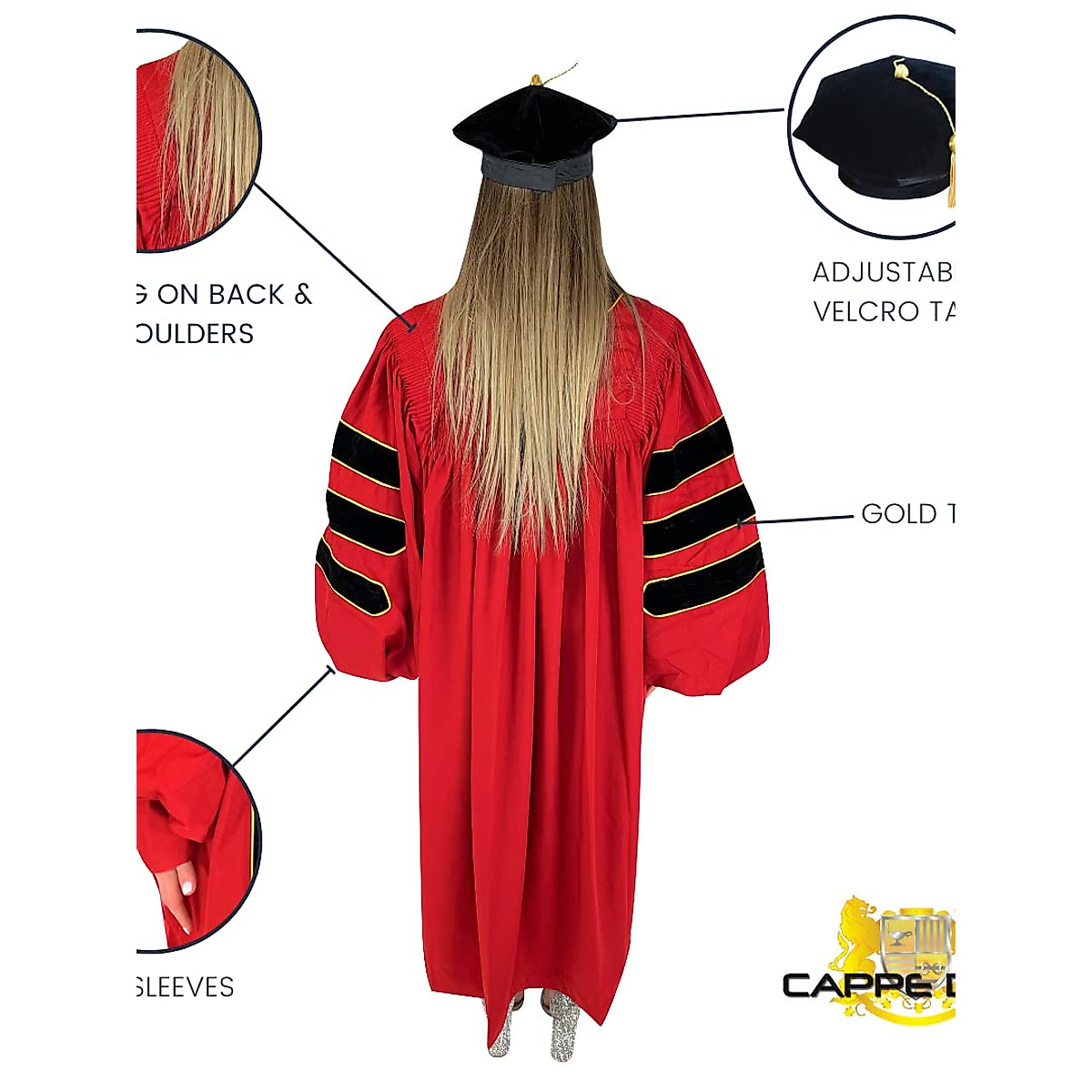 Cappe Diem Doctoral Deluxe Graduation Gown + 6 or 8 Sided Tam (Multiple Colors) (Red, 51" (5'6"-5'-8") + 8-Sided Tam)