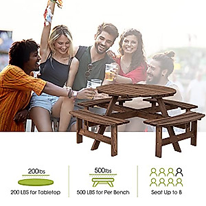 Giantex Wooden Picnic Table Set with Wood Bench, 4 Adults or 8 Kids Outdoor Round Table with Umbrella Hold Design, Perfect for Outdoor Garden Yard Pub Beer Dining, Dark Brown