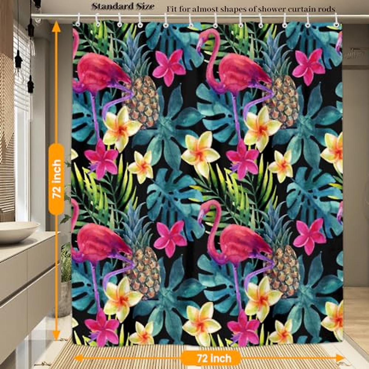 Aglebo Flamingo Pineapple Flower Palm Leaves Shower Curtain Fabric Shower Curtain Set with 12 Hooks Water-Proof 72 * 72 Inches for Bathroom Beach Caravan Hotel
