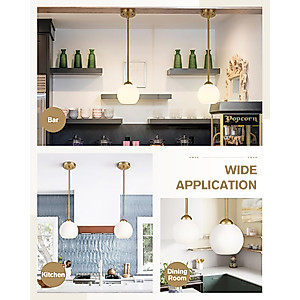 Emak 7 Inch Globe Pendant Lights, Modern Gold Pendant Light Fixtures, 1 Light Hanging Lights with Milk Glass Shade for Kitchen Island, Bathroom, Dining Room, Bedroom, PL119-GD-ML