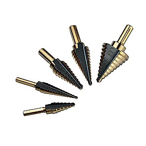Meichoon HSS Step Drill Bit Set 5Pcs 1/4-1-3/8" 3/16-7/8" 1/4-3/4" 1/8-1/2" 3/16-1/2", British System Titanium Coated Triangle Shank Multifunction Pagoda Drill DC14