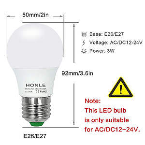Honle E26 LED Light Bulbs 3W 12V Low Voltage Daylight White 6000K E27 Edison Standard Screw Base 25W Equivalent for Rv, Off Grid Solar Panel Project, Boat, Pack of 2