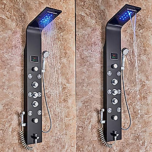 FUZ Shower wall Panel Tower System,7-Function Shower System Set Rainfall Waterfall LED Shower Head+Handheld Sprayer+Massage Body Jets+Tub Spout+Bidet Tap,Oil Rubbed Bronze