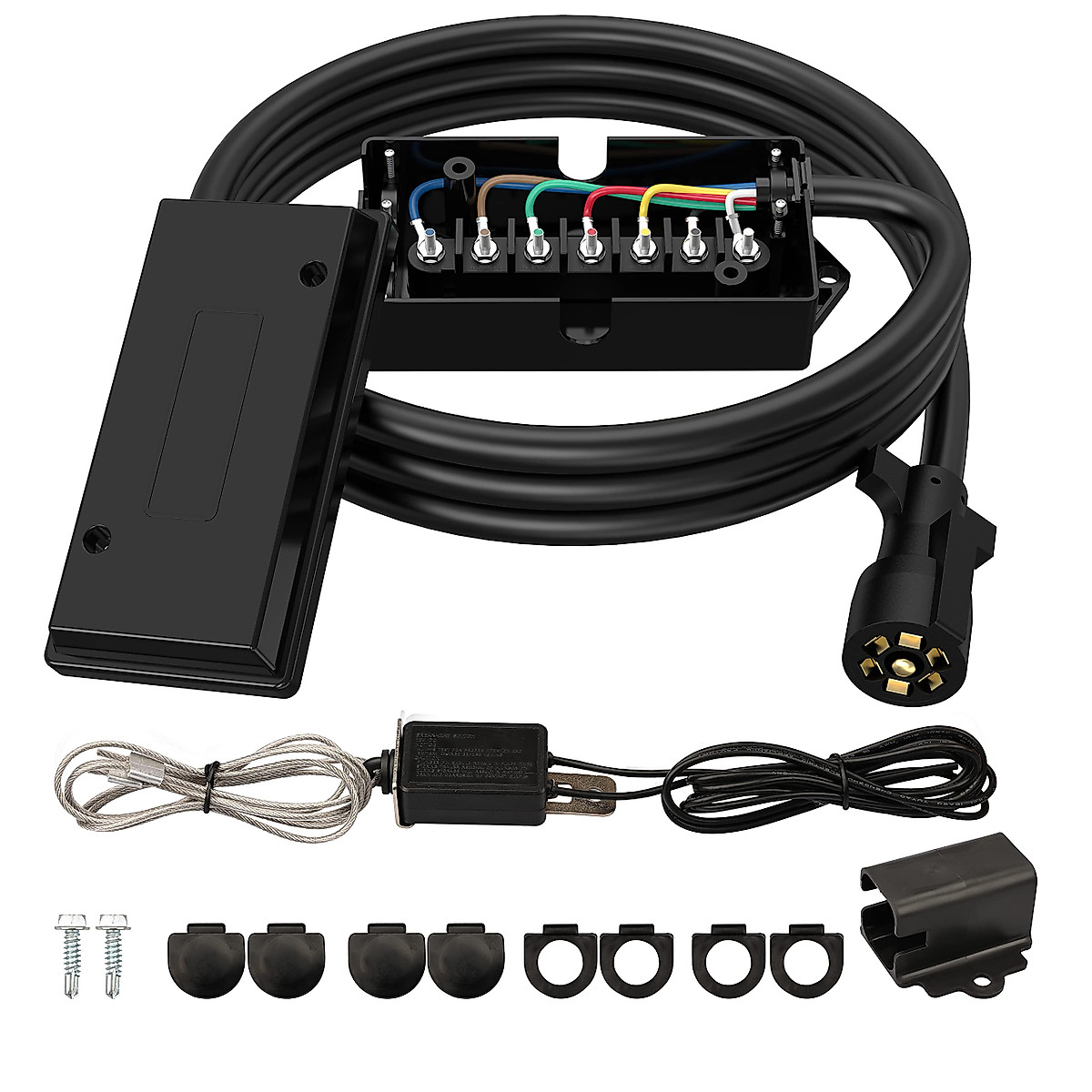 RVGUARD 7 Way 8 Foot Trailer Cord with 7 Gang Junction Box Kit,Include 12V Breakaway Switch and Plug Holder, Trailer Connector Cable Wiring Harness with Waterproof Junction Box